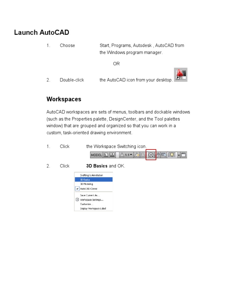 Launch AutoCAD and Explore 3D Basics Workspace | PDF
