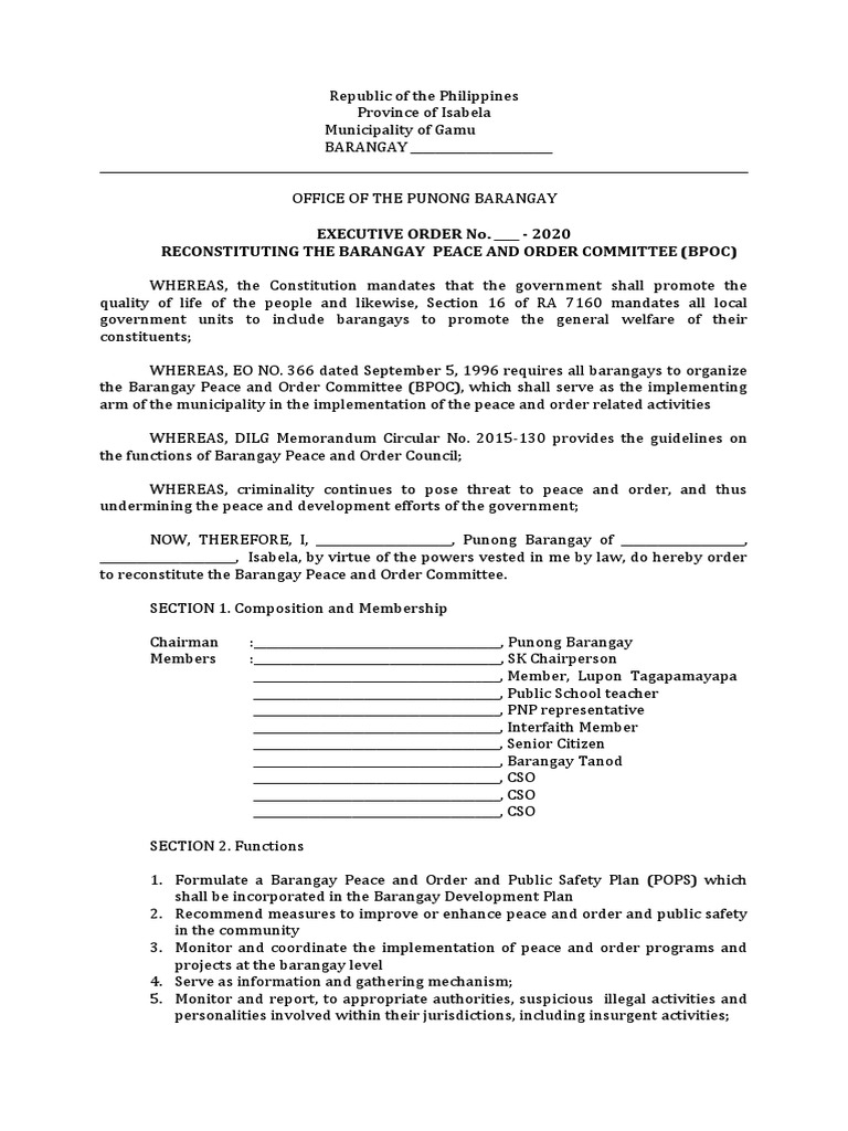 EXECUTIVE ORDER No. - 2020 Reconstituting The Barangay Peace and Order ...