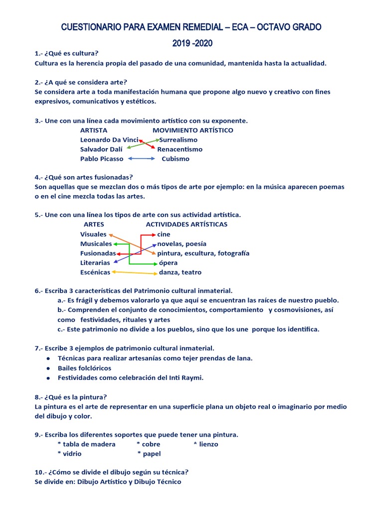 Cuestionario para Examen Remedial Eca Octavo 2019 2020 | PDF | Dibujo | Pinturas
