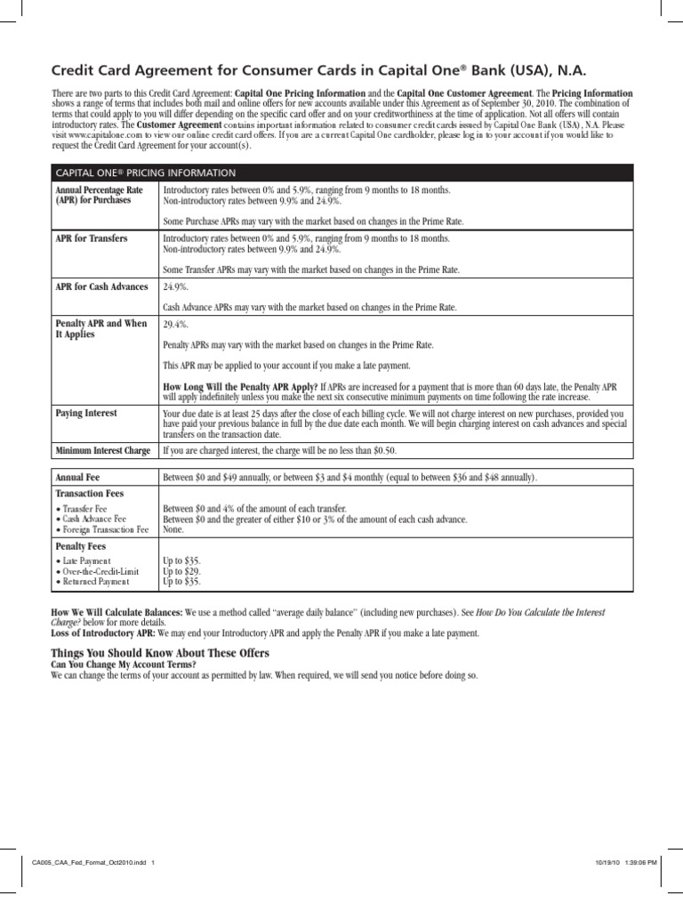 Credit Card Agreement For Consumer Cards in Capital One Bank (USA), N.A ...