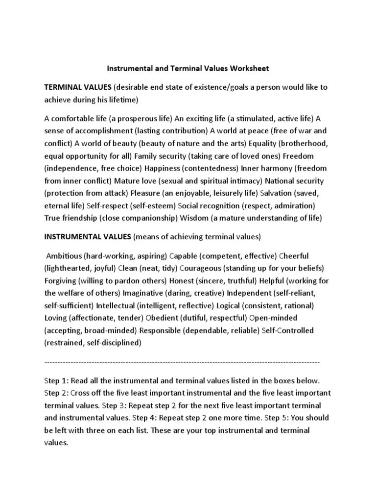 Instrumental and Terminal Values Worksheet TERMINAL VALUES (Desirable ...
