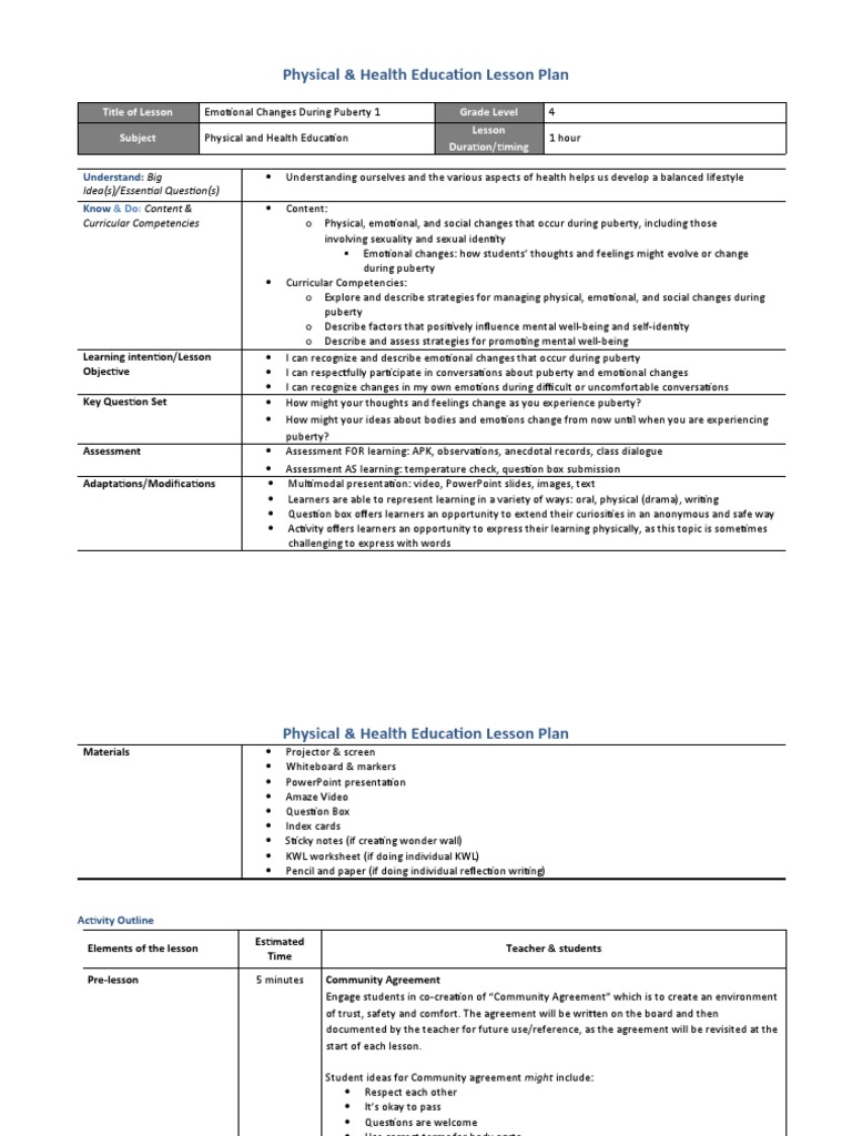 Physical & Health Education Lesson Plan: Title of Lesson Grade Level ...