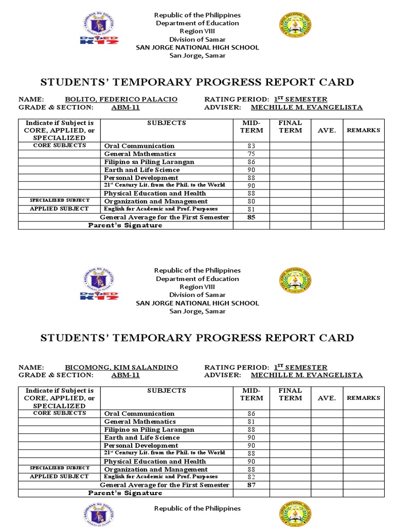 Temporary Report Card | PDF | Philippines | Physical Education