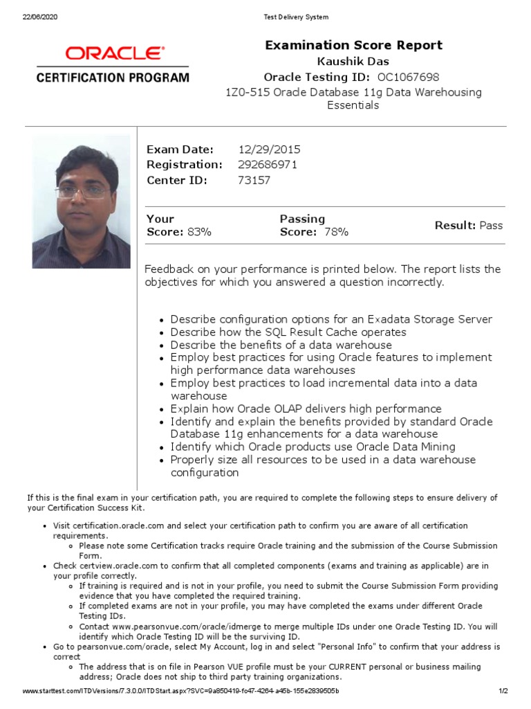 Kaushik Das Scores 83% on Oracle 1Z0-515 Oracle Database 11g Data ...