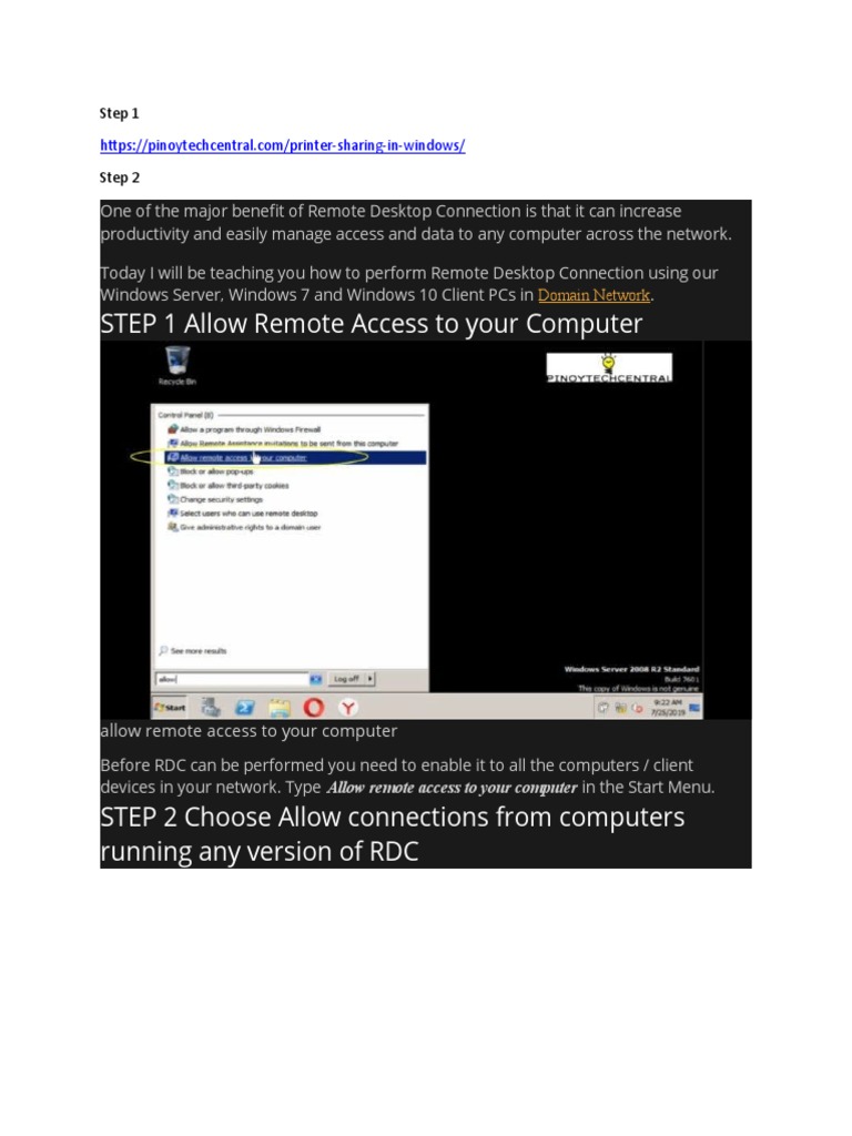 STEP 1 Allow Remote Access To Your Computer | PDF | Remote Desktop ...