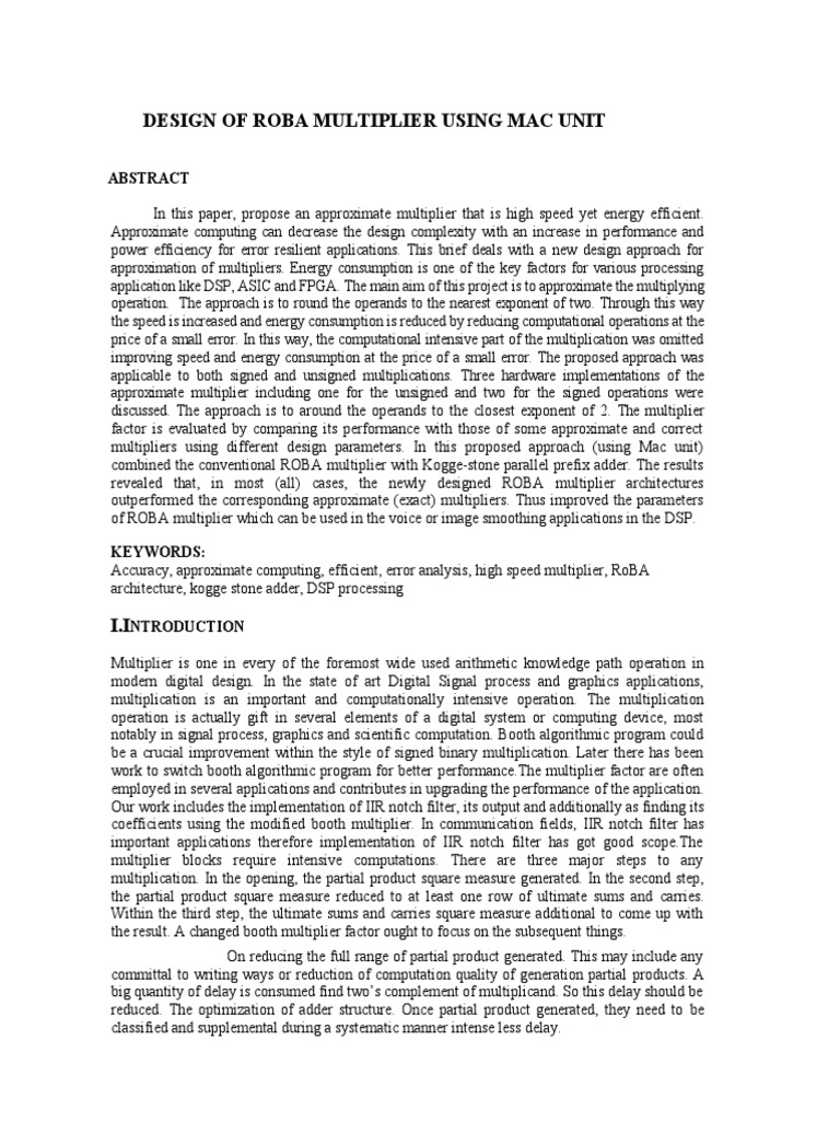 Design of Roba Multiplier Using Mac Unit | PDF | Multiplication | Digital Signal Processing