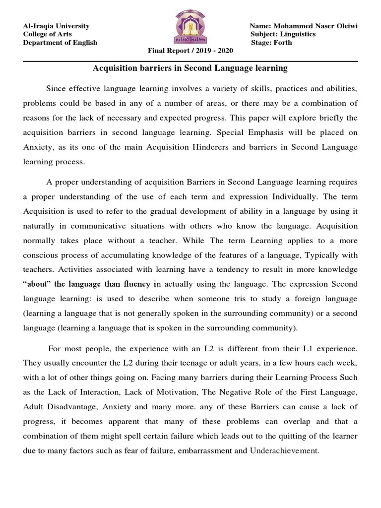 Acquisition Barriers in Second Language Learning: Underachievement ...