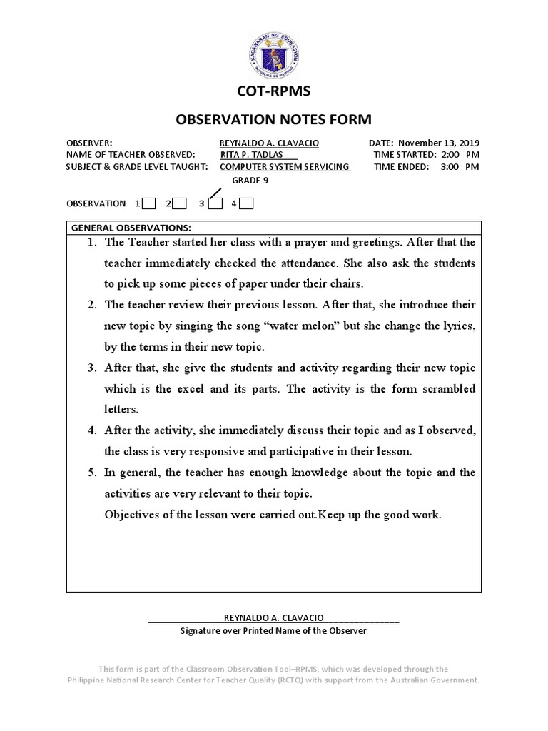 Classroom Observation Notes for Teachers | PDF | Career & Growth ...