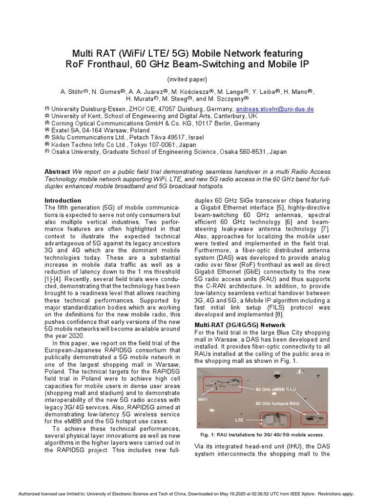 Multi Rat (Wifi/ Lte/ 5G) Mobile Network Featuring Rof Fronthaul, 60 ...