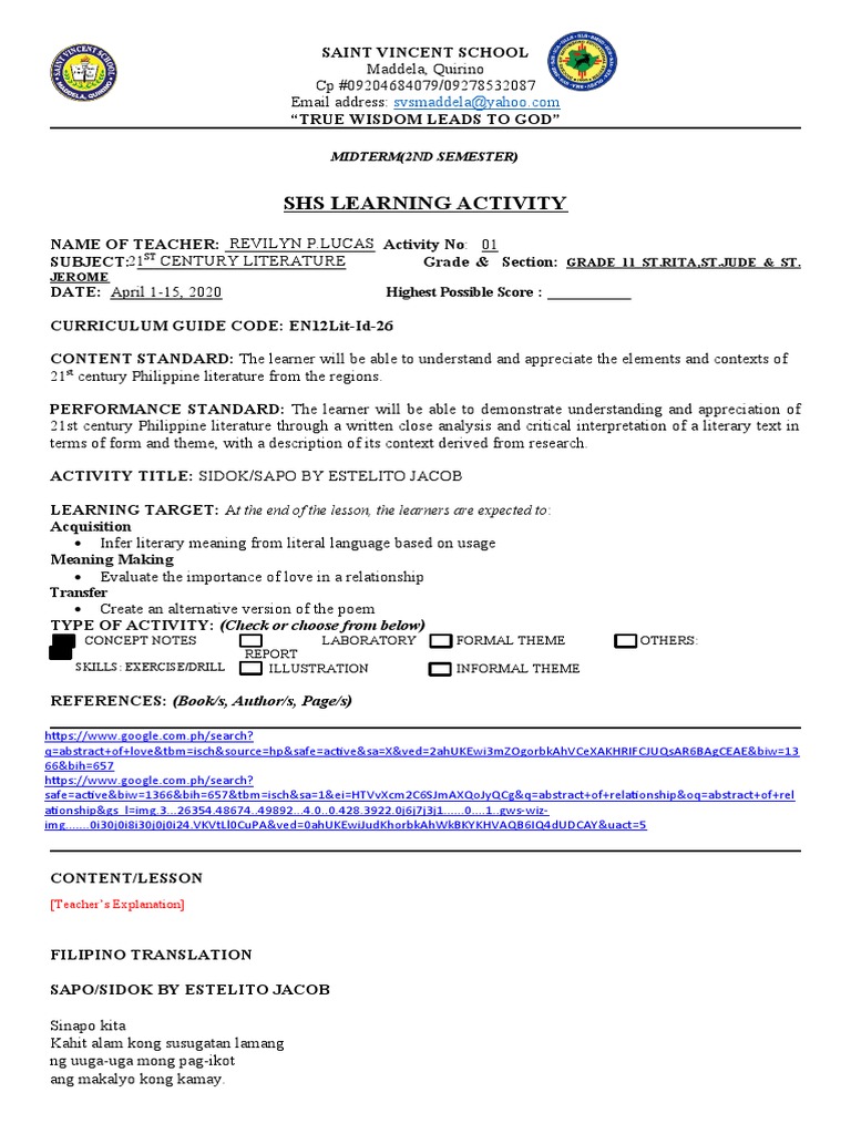 Shs Learning Activity: Highest Possible Score | PDF | Love | Learning