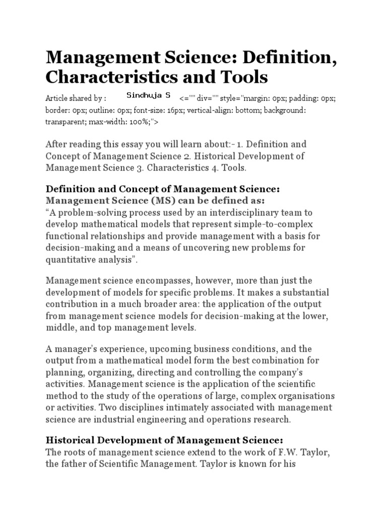 Management Science: Definition, Characteristics and Tools | PDF ...