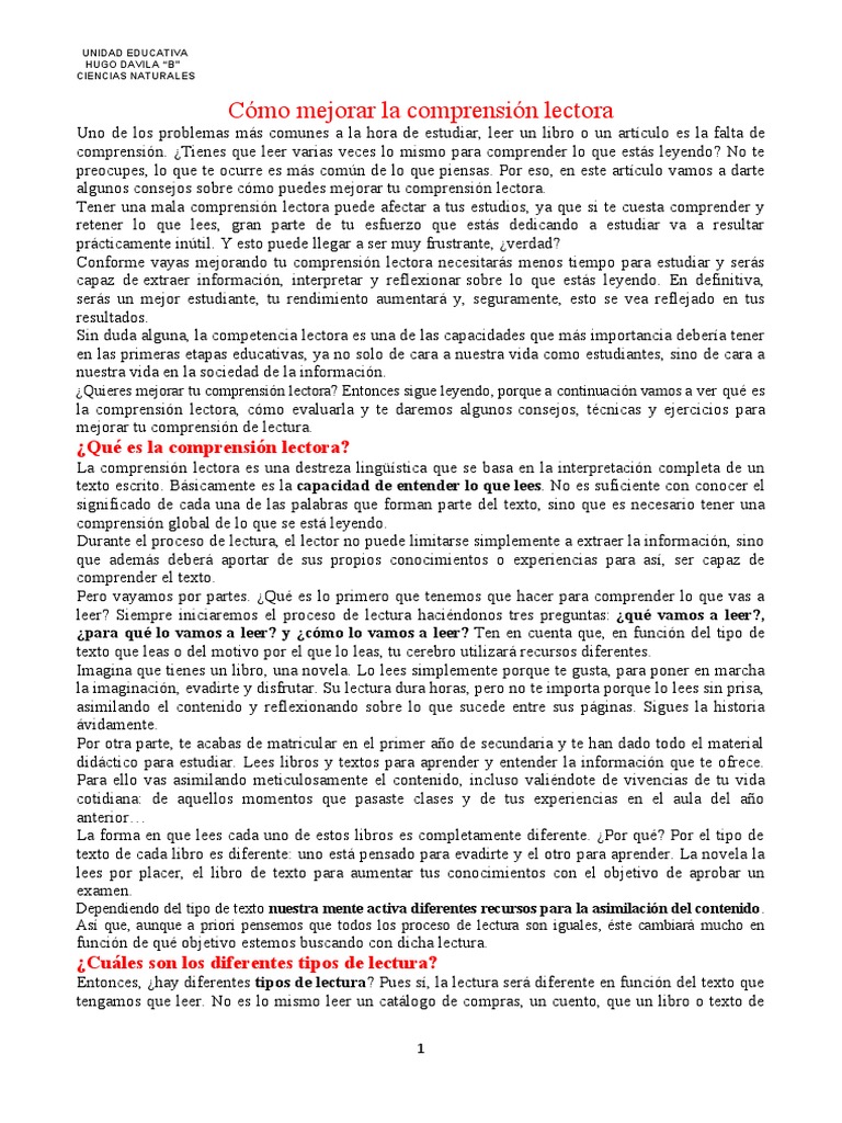 Cómo Mejorar La Comprensión Lectora | PDF | Comprensión lectora ...