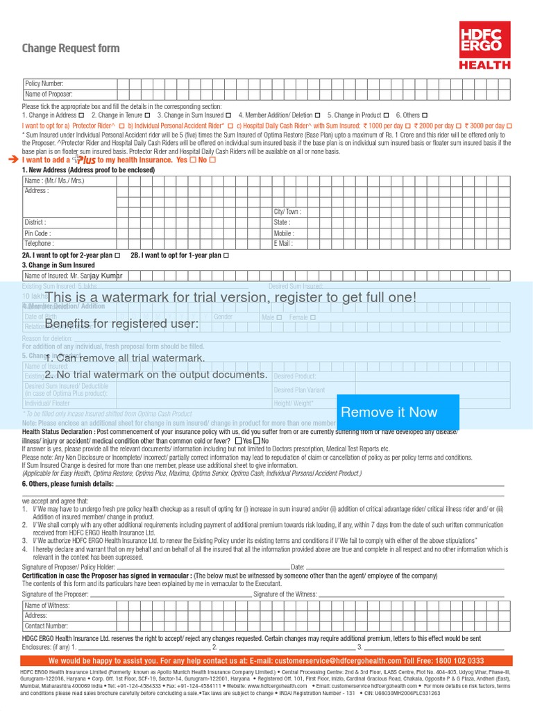 Change Request Form: This Is A Watermark For Trial Version, Register To ...