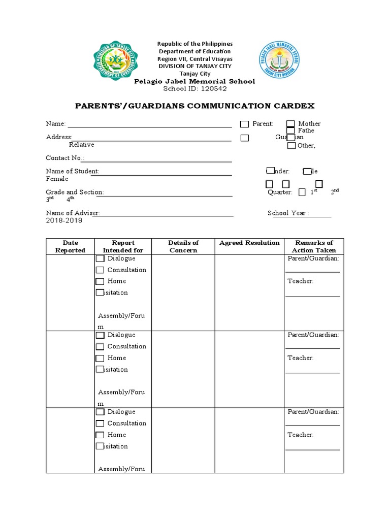 Parent-Teacher Communication Cardex for Maintaining Consistent Dialogue ...