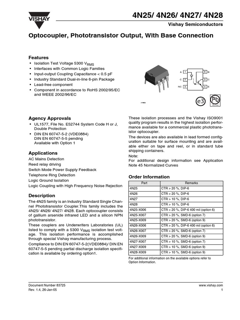 4N25/ 4N26/ 4N27/ 4N28: Optocoupler, Phototransistor Output, With Base ...