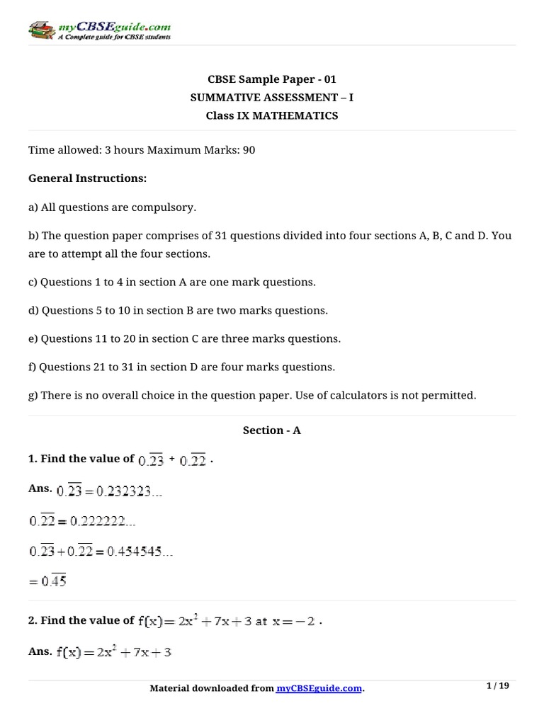 CBSE Sample Paper - 01 Summative Assessment - I Class Ix Mathematics ...