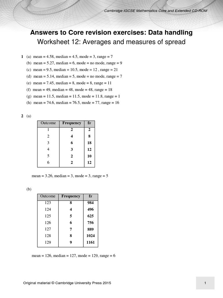 Worksheet 12: Averages and Measures of Spread: Answers To Core Revision ...