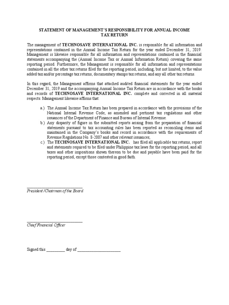 Statement of Management Format 2020 | PDF | Going Concern | Audit