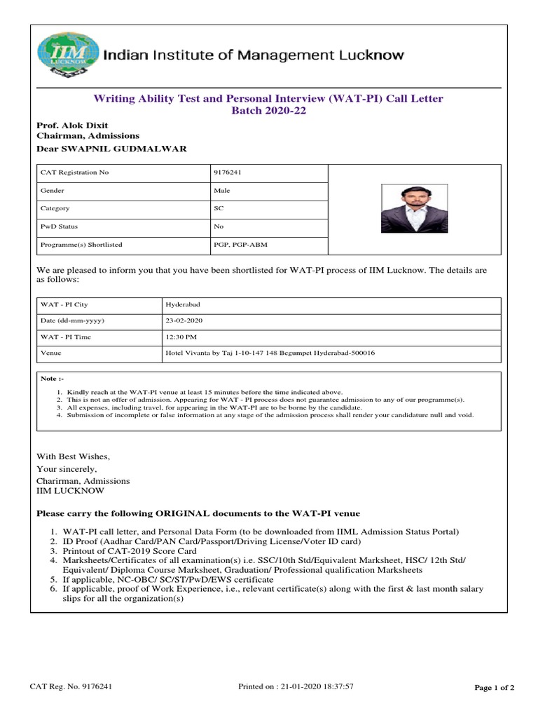 IIM LUCKNOW - Interview-Letter PDF | PDF | Government | Business