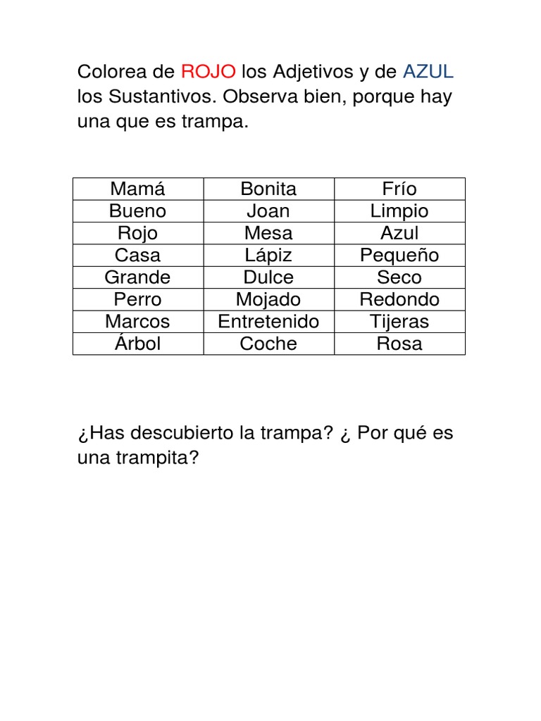 Colorea de ROJO Los Adjetivos y de AZUL Los Sustantivos PDF | PDF ...