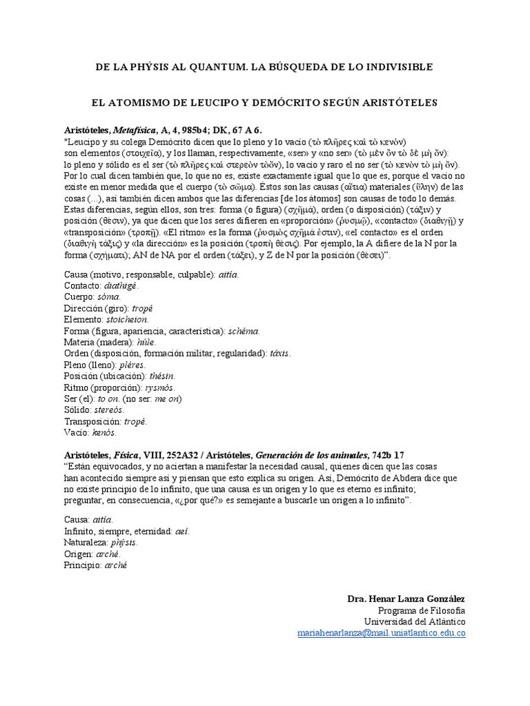 EL ATOMISMO DE LEUCIPO Y DEMÓCRITO SEGÚN ARISTÓTELES | PDF ...