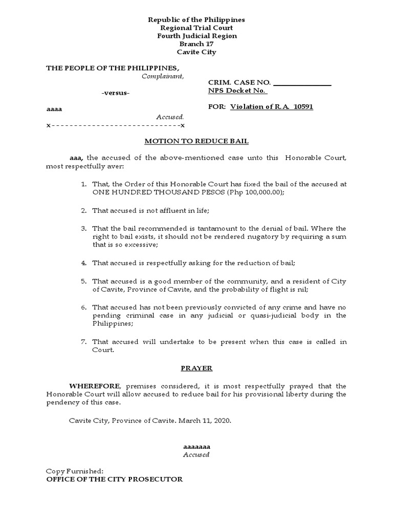 Motion to Reduce Bail in Cavite Case | PDF