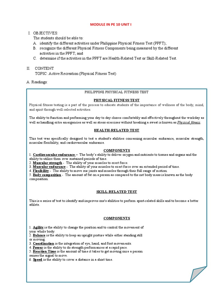 Module in Pe Unit I PFT | PDF | Physical Fitness | Flexibility (Anatomy)