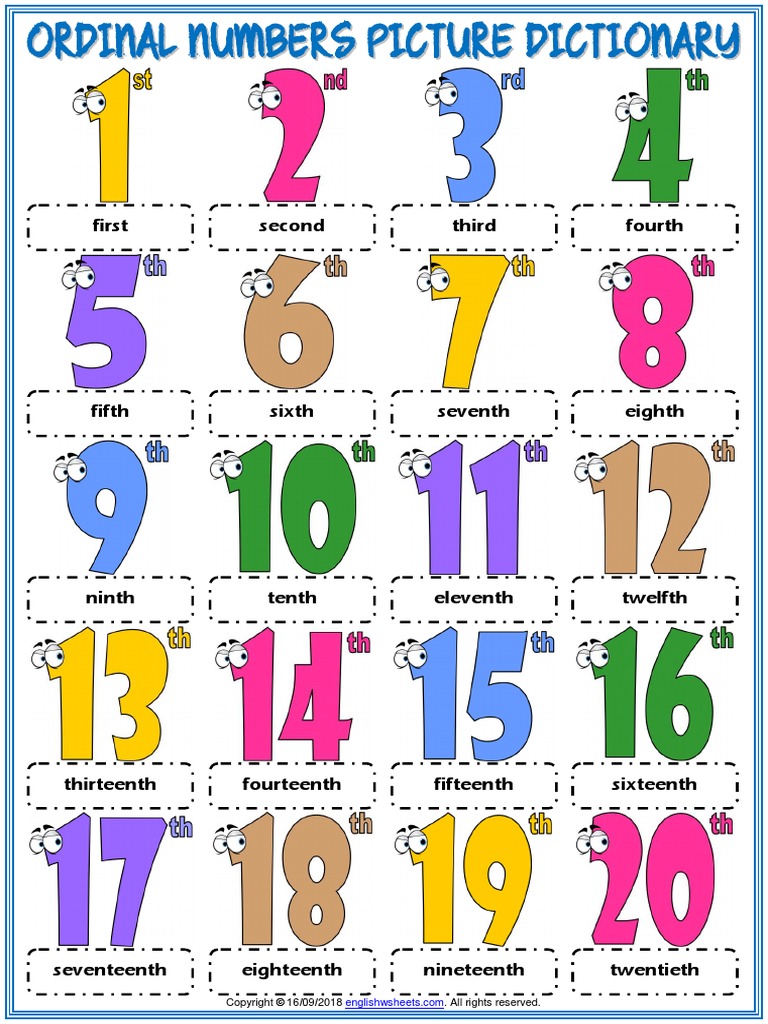 Ordinal Numbers Vocabulary Esl Picture Dictionary Worksheet For Kids | PDF