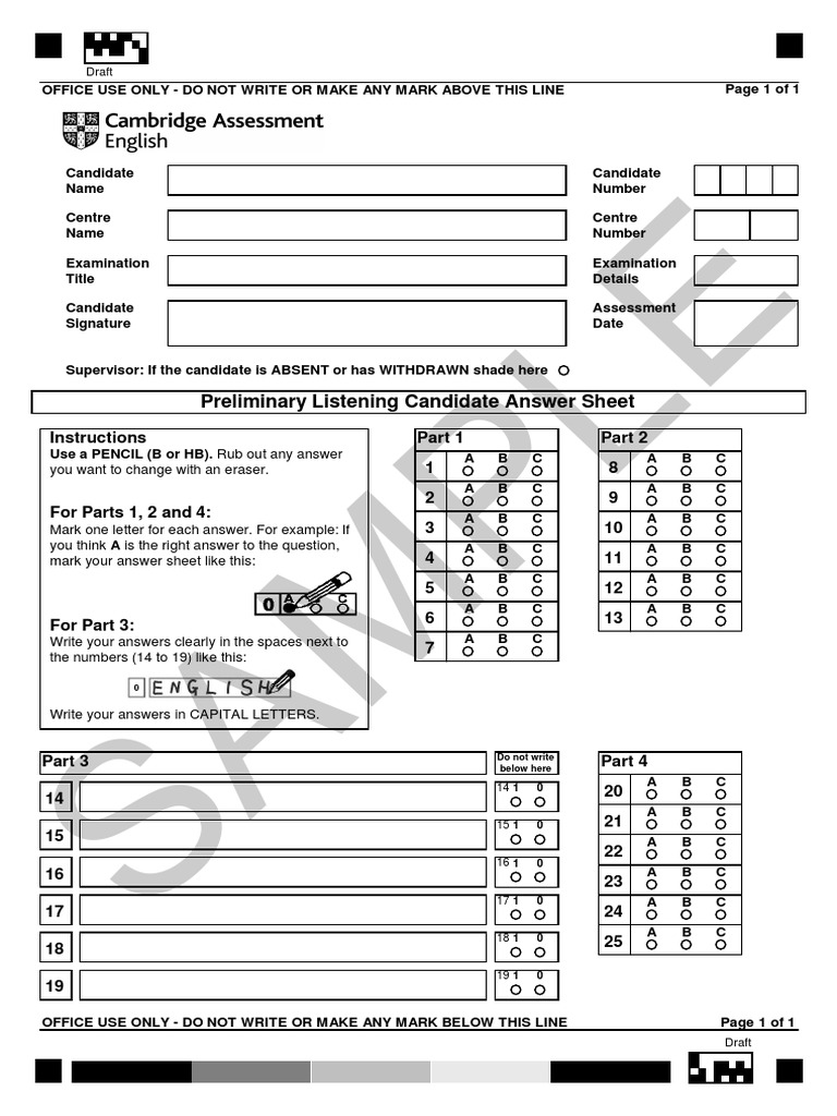 B1 Preliminary Listening Sample Answer Sheet | PDF | Educational ...