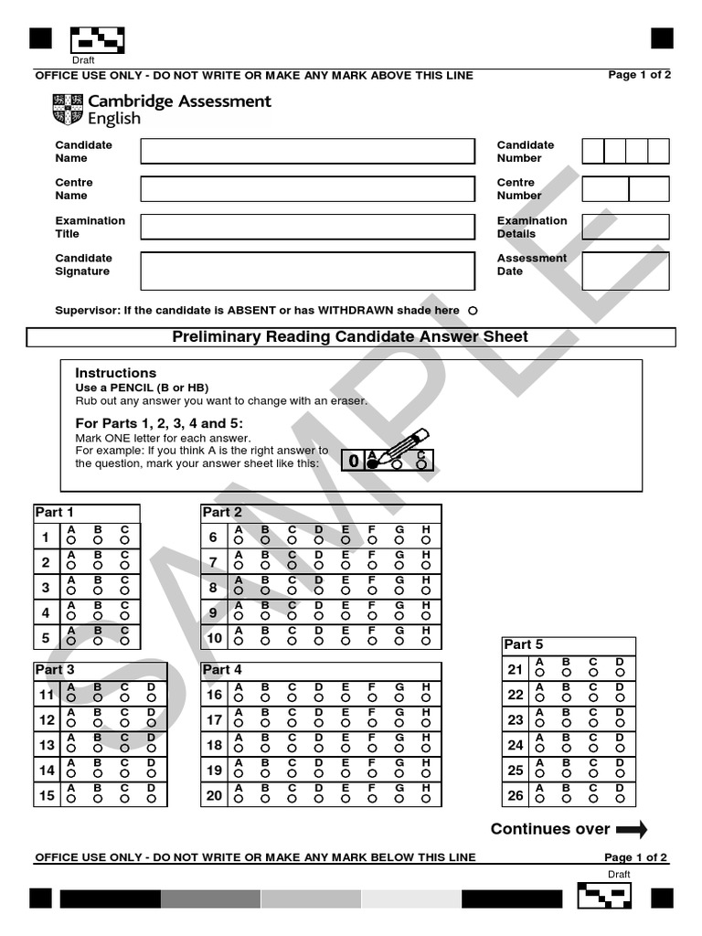 B1 Preliminary Reading Sample Answer Sheet | PDF