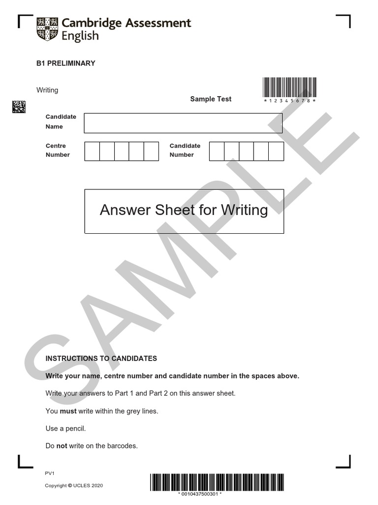 B1 Preliminary Writing Sample Answer Sheet | PDF | Statistics Of ...