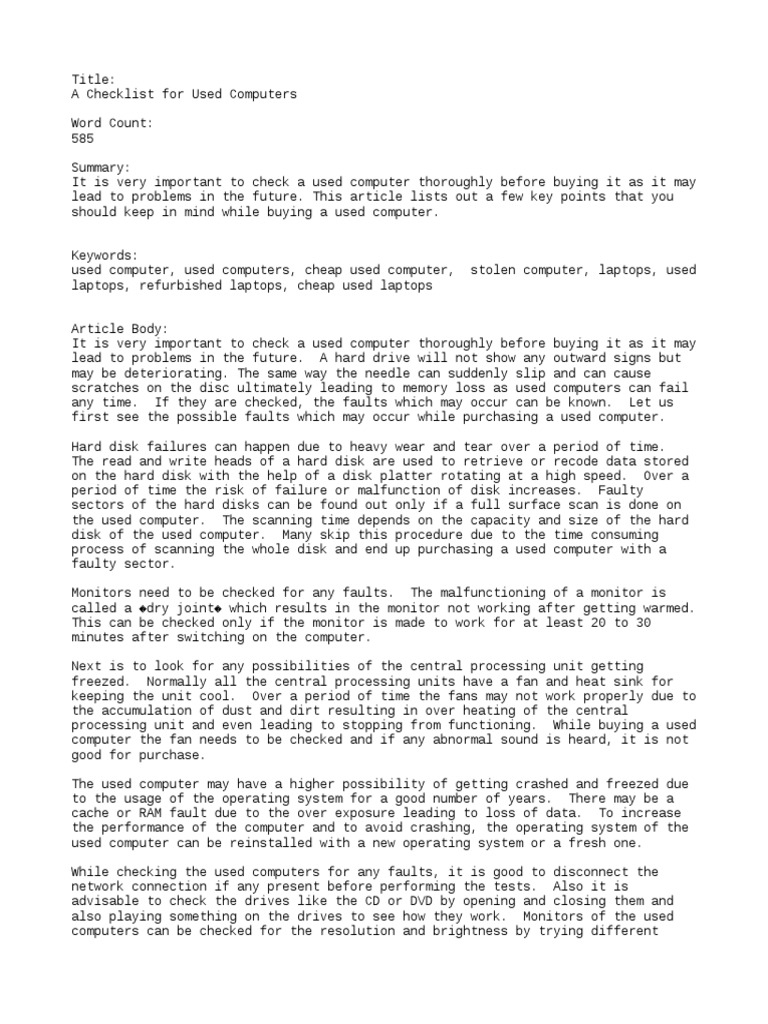 Used Computer Purchase Checklist | PDF | Hard Disk Drive | Computer ...