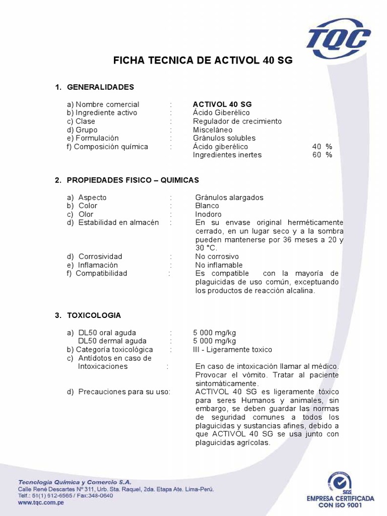 Ficha Tecnica de Activol 40 SG-TQC | PDF | Pesticida | Toxicología