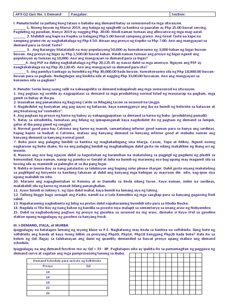 AP9 Q2 Quiz No 1 | PDF