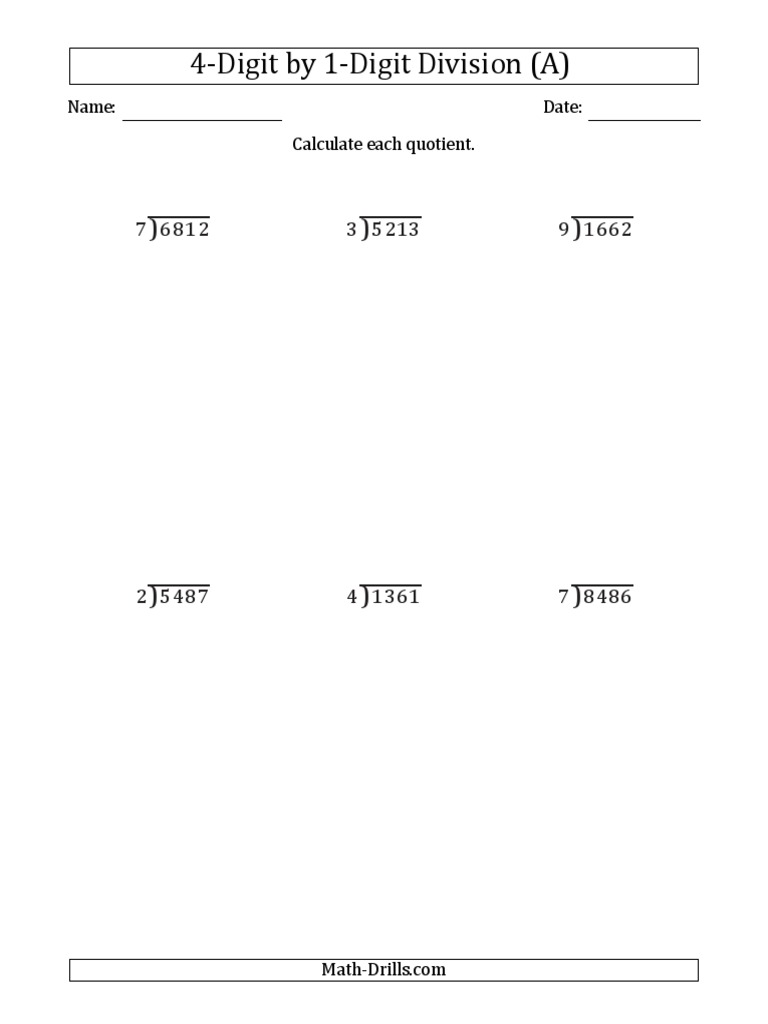 4-Digit by 1-Digit Division Worksheets | PDF | Teaching Methods & Materials