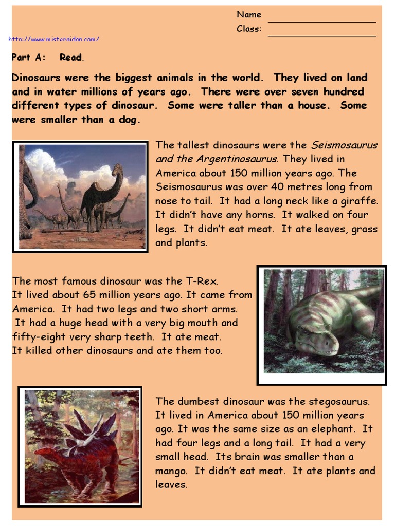 Dinosaur Facts Reading Comprehension Exercises - 24433 | PDF ...
