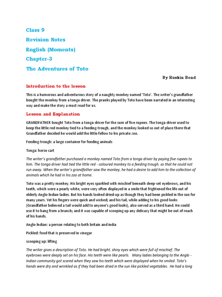 Class 9 Revision Notes English (Moments) Chapter-3 The Adventures of ...