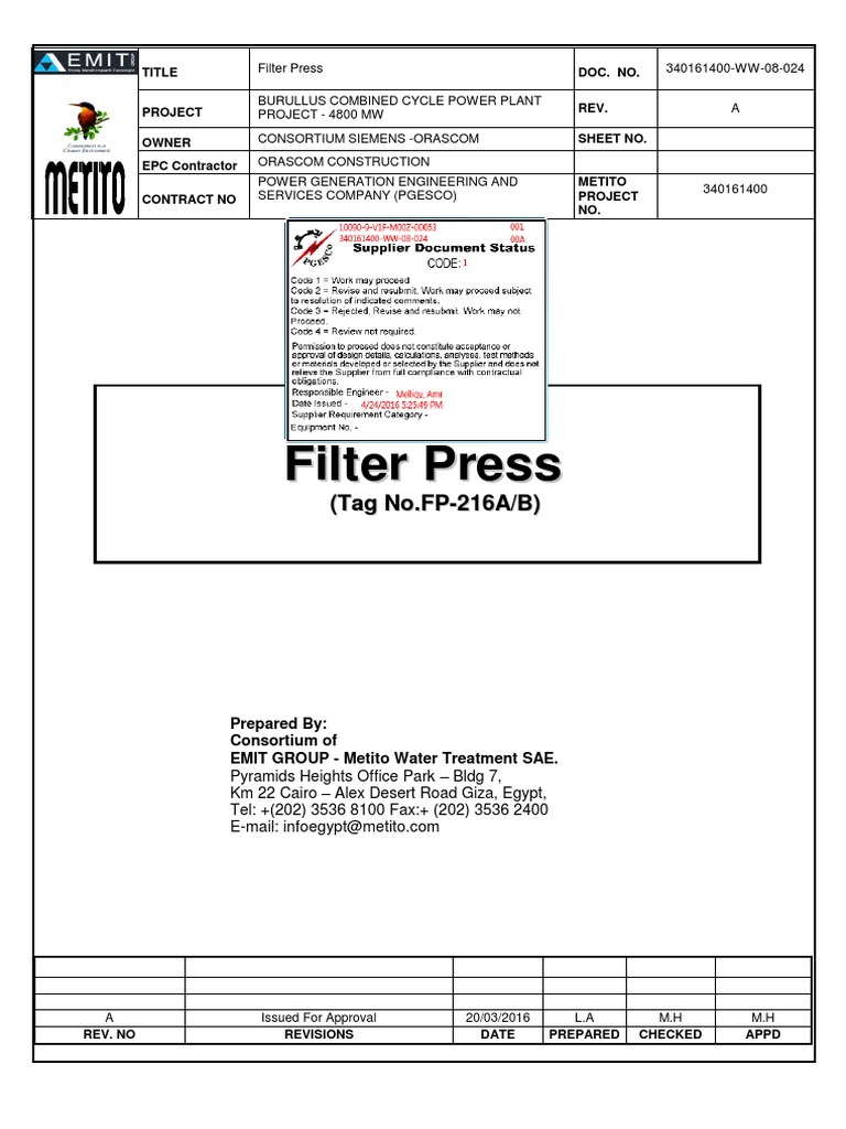 Filter Press Specifications and Technical Details for Burullus Combined ...