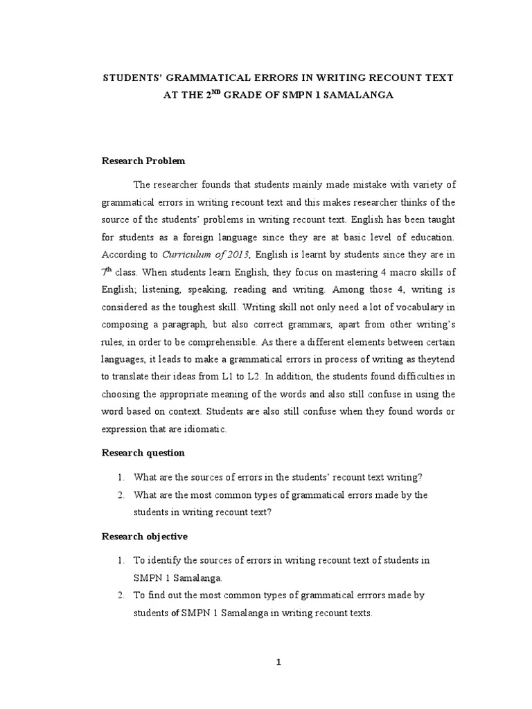 Students' Grammatical Errors in Writing Recount Text Atthe2 Grade of SMPN 1 Samalanga | PDF ...