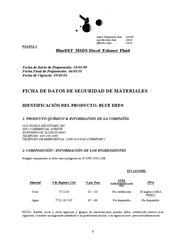 MSDS Blue DEF Español | PDF | Amoníaco | Toxicología