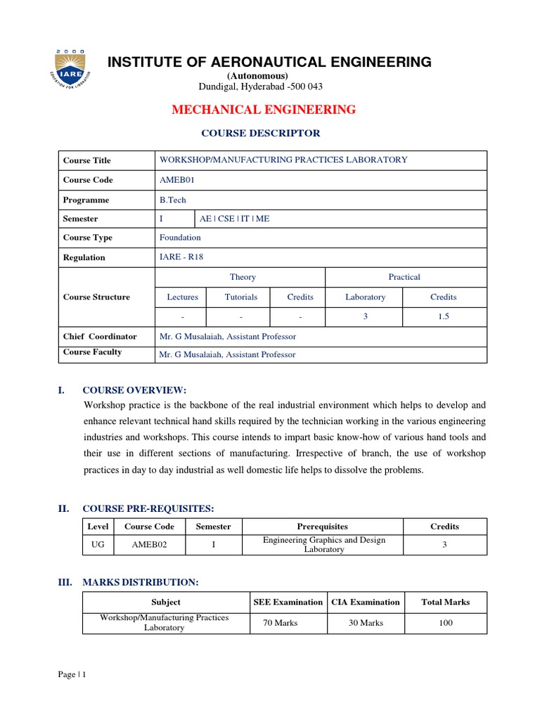 Workshop/Manufacturing Practices Laboratory Course Descriptor ...