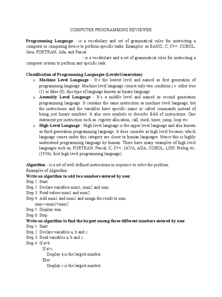 Computer Programming Reviewer | PDF | Control Flow | Computer Programming