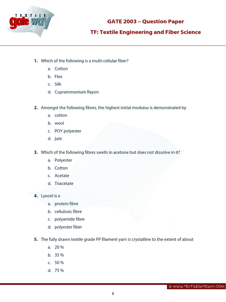 GATE 2003 - Question Paper TF: Textile Engineering and Fiber Science ...