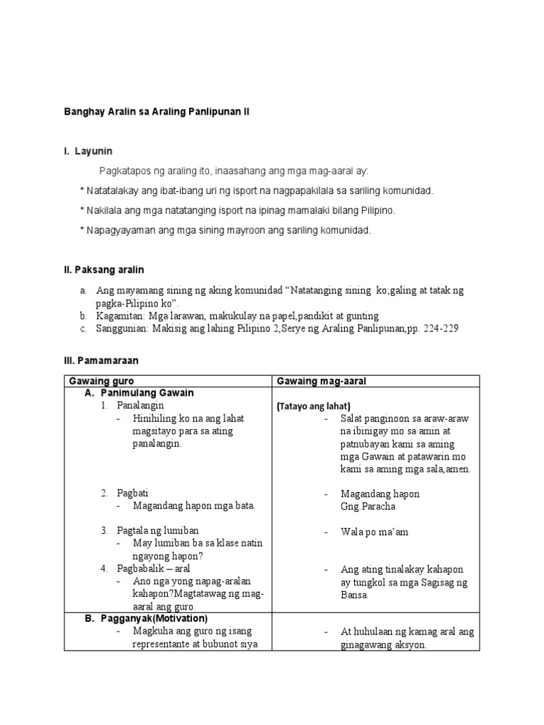 Banghay Aralin Sa Araling Panlipunan II | PDF