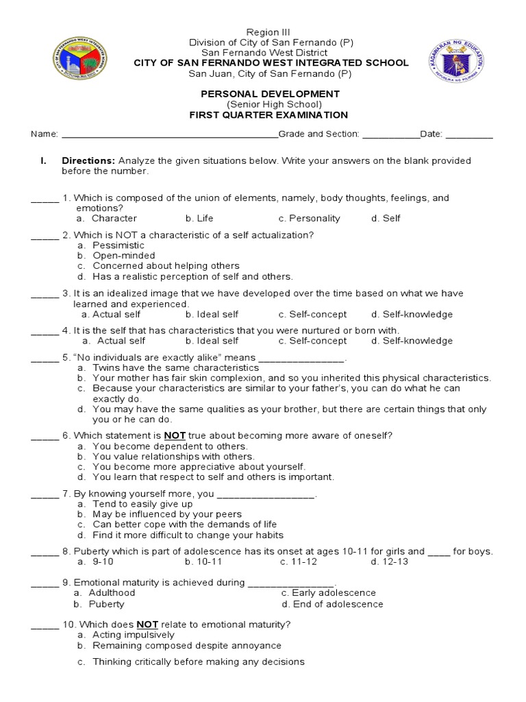 Grade 11 Personal Development Exam | PDF | Adolescence | Nervous System