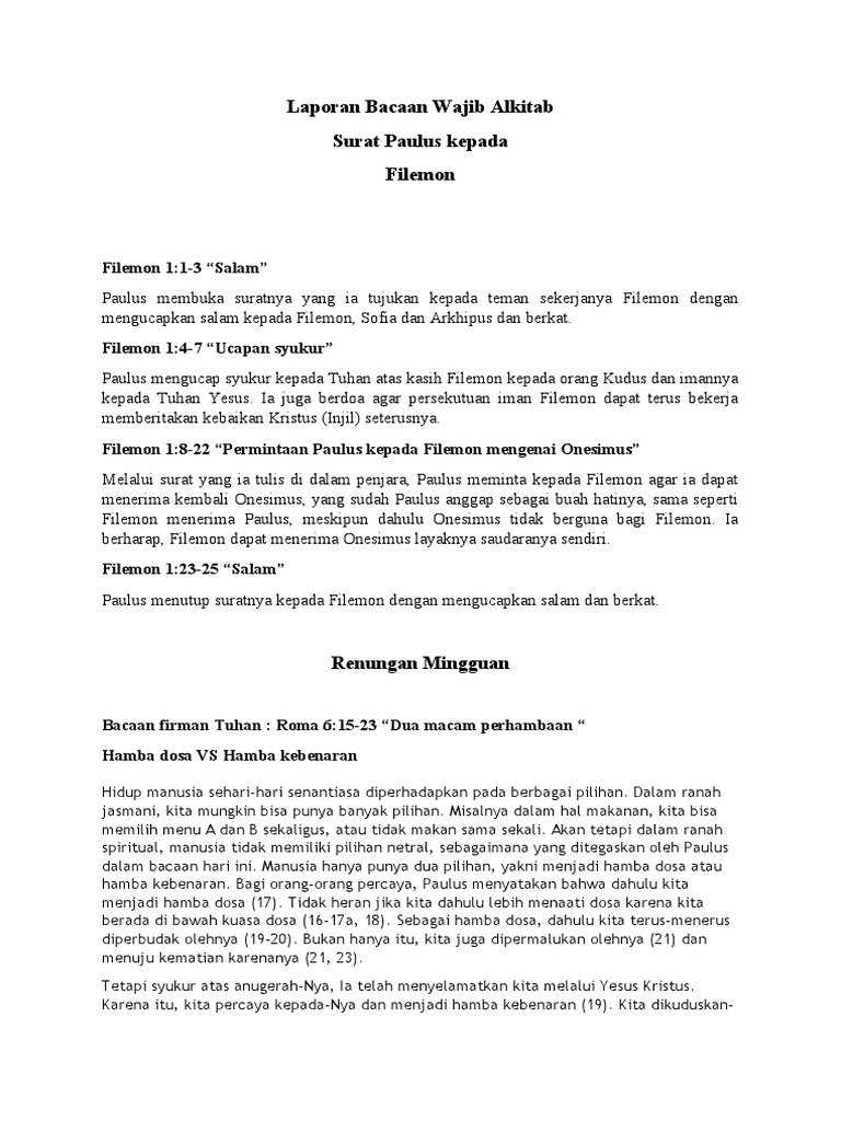 Laporan Bacaan Wajib Alkitab Surat Paulus Kepada Filemon Dan Renungan ...