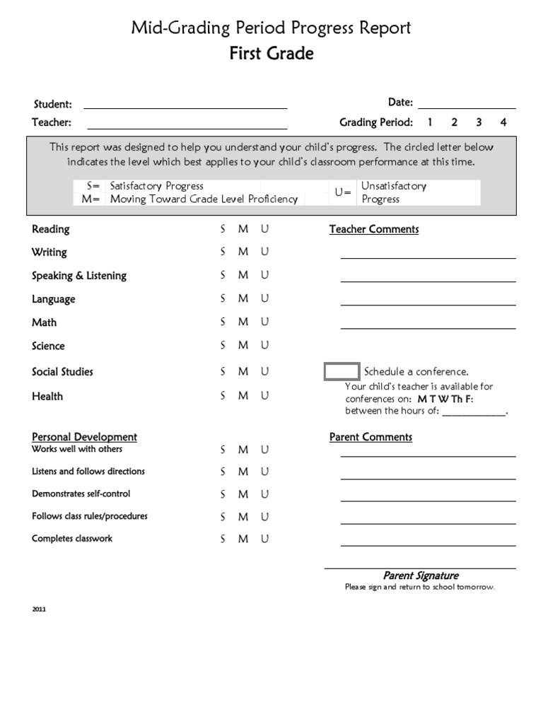 Mid-Grading Period Progress Report First Grade | PDF | Wellness