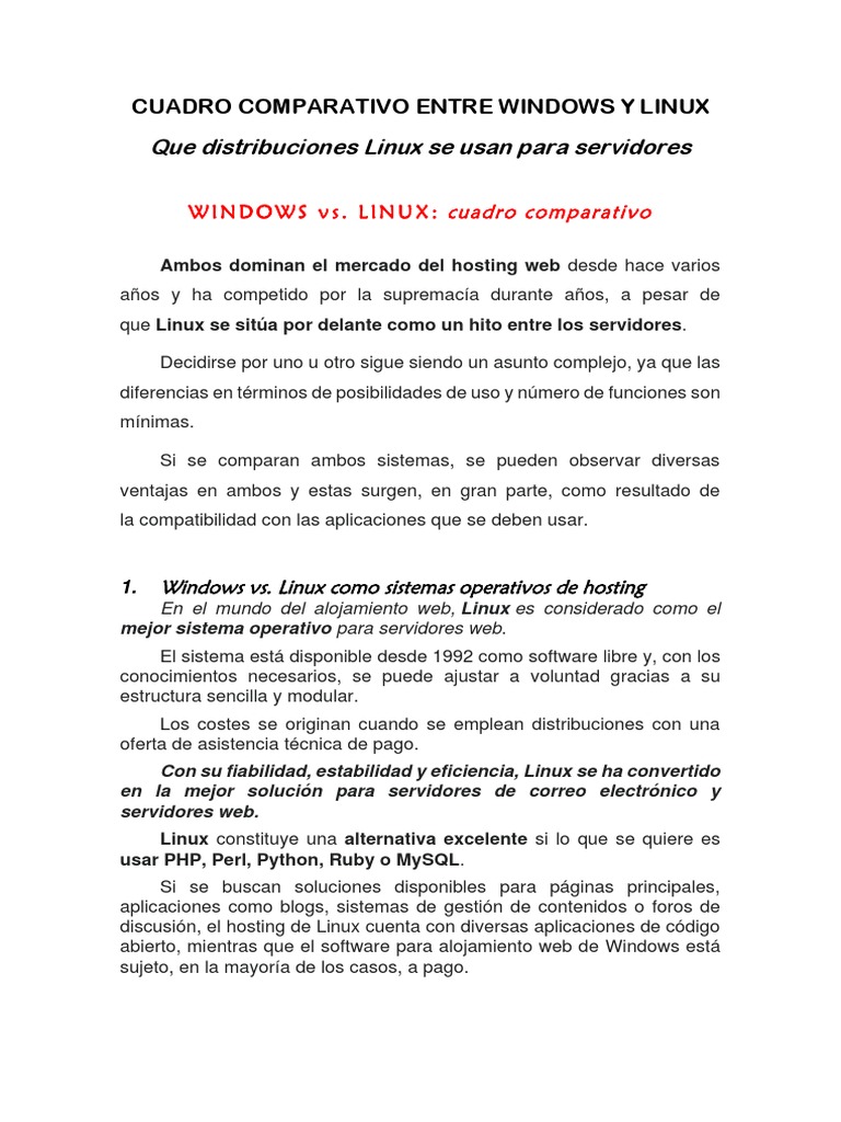 Cuadro Comparativo Entre Windows y Linux y Que Distribuciones Linux Se ...