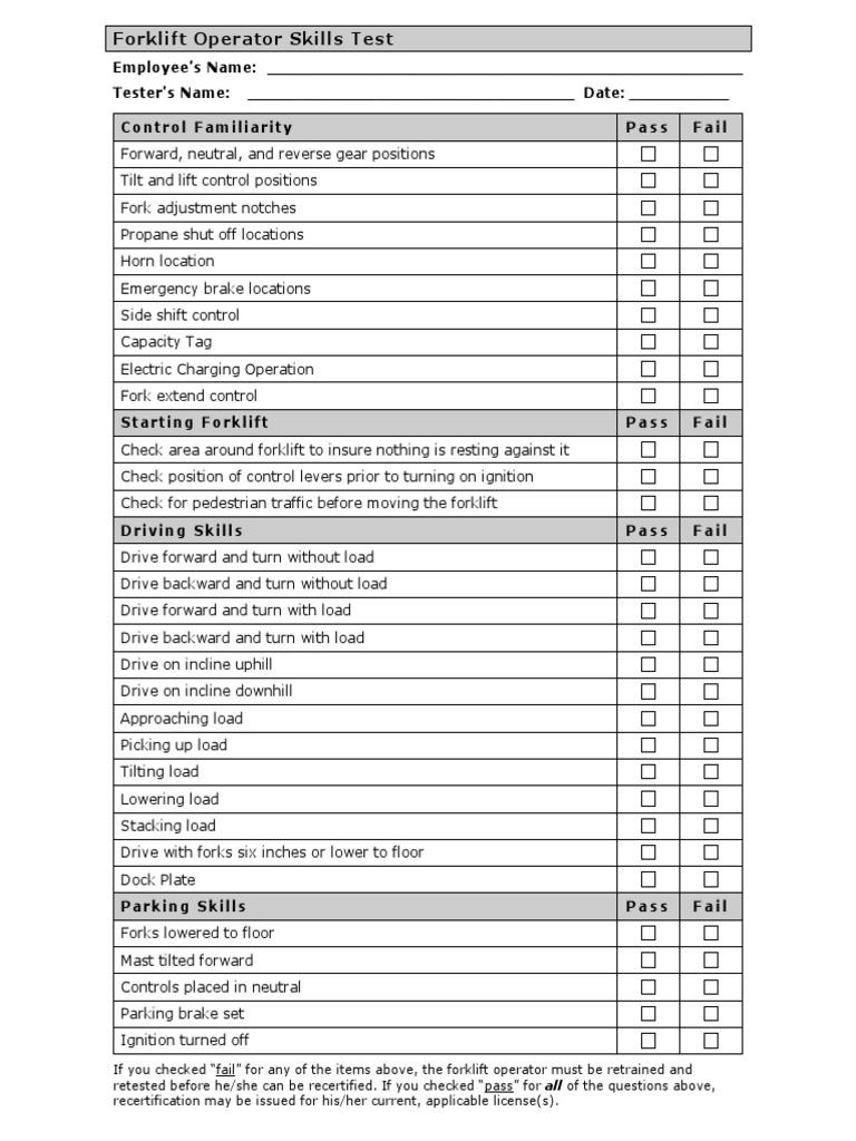 Forklift Operator Skills Assessment | PDF