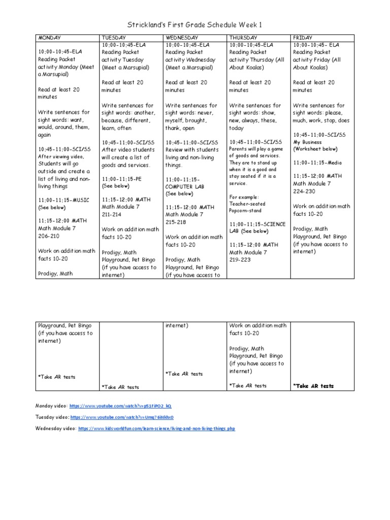 Strickland's First Grade Schedule Week 1 | PDF | Computing And ...